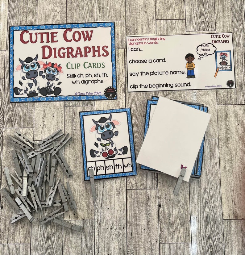 Cutie Cow Digraph Clip Cards Phonics Game Center Literacy Bag Teacher ...