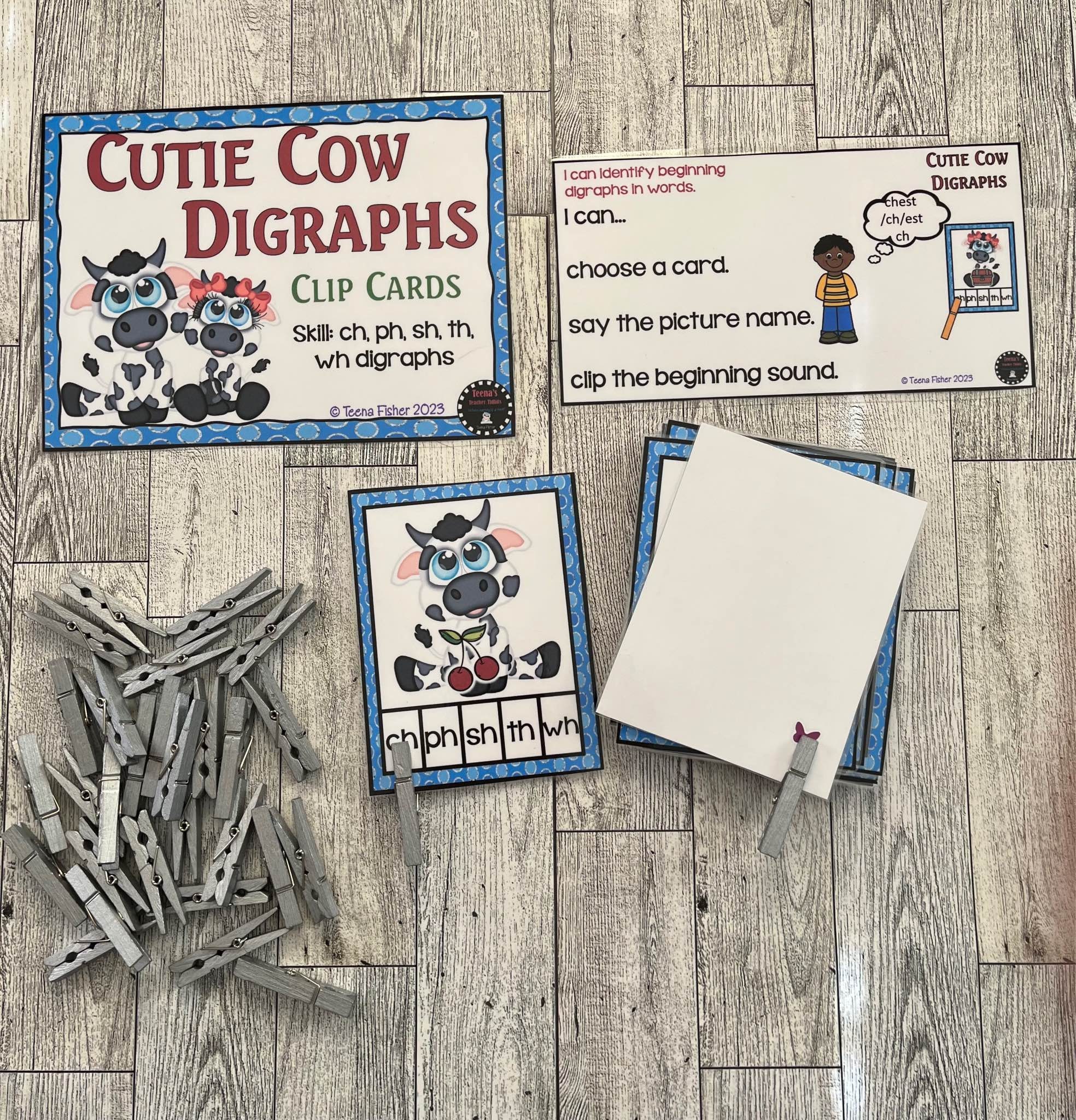 Cutie Cow Digraph Clip Cards Phonics Game Center Literacy Bag Teacher ...
