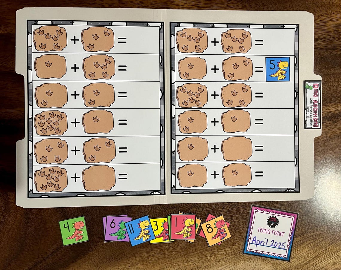 Dino Addition Picture Pre K Kindergarten Math File Folder Game Center ...