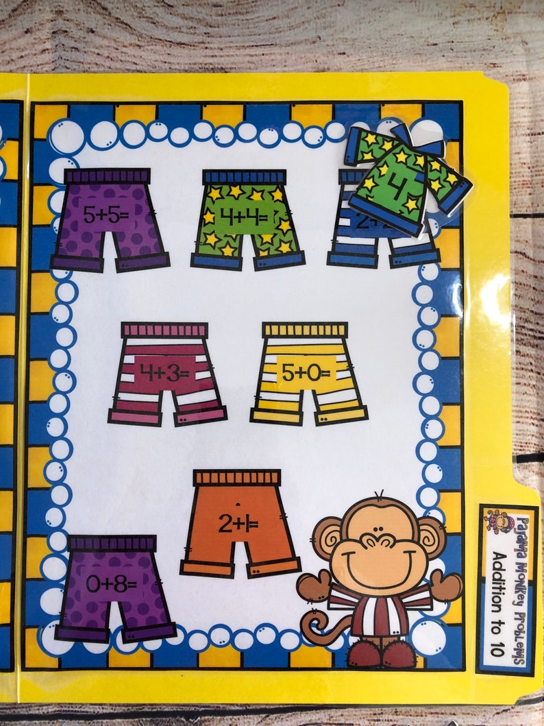 Pajama Monkey Addition to 10 Math File Folder Game Center Teacher ...