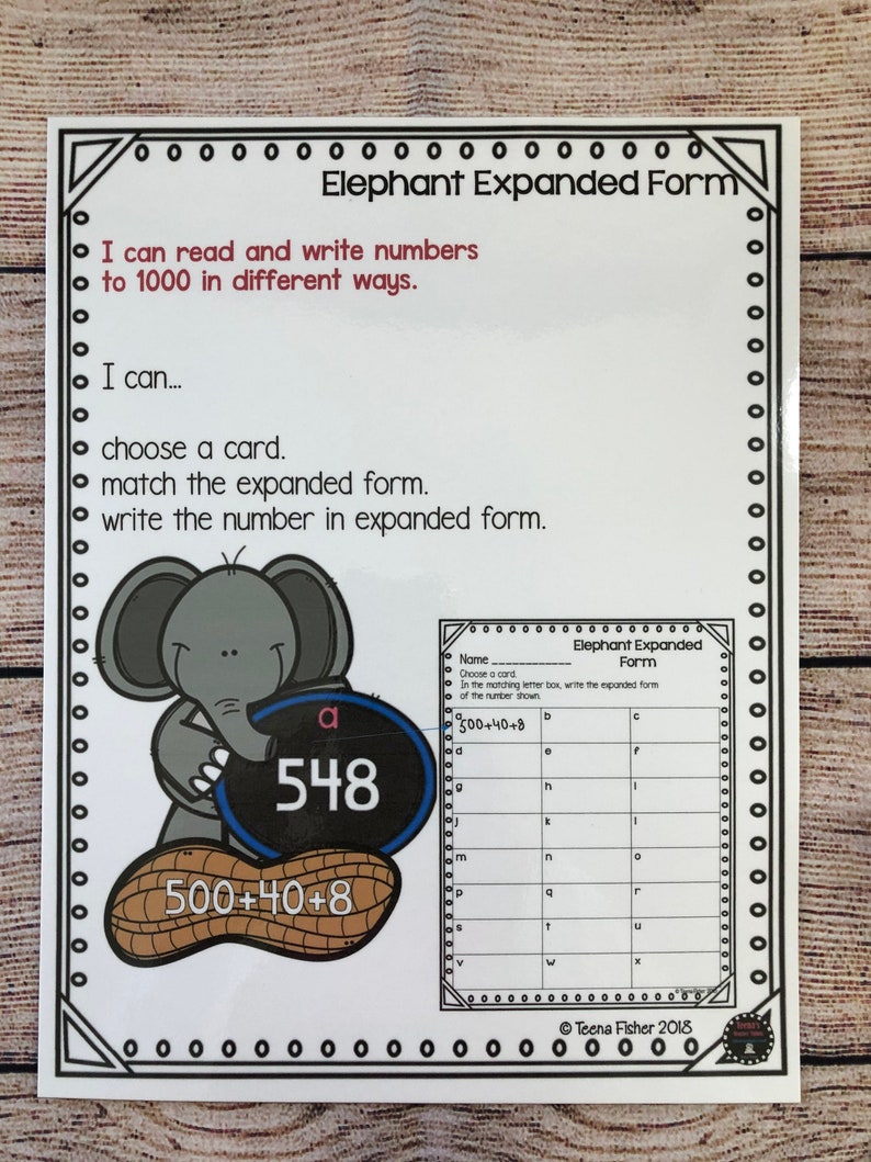 Elephant Expanded Form Math File Folder Game Center Teacher - Etsy