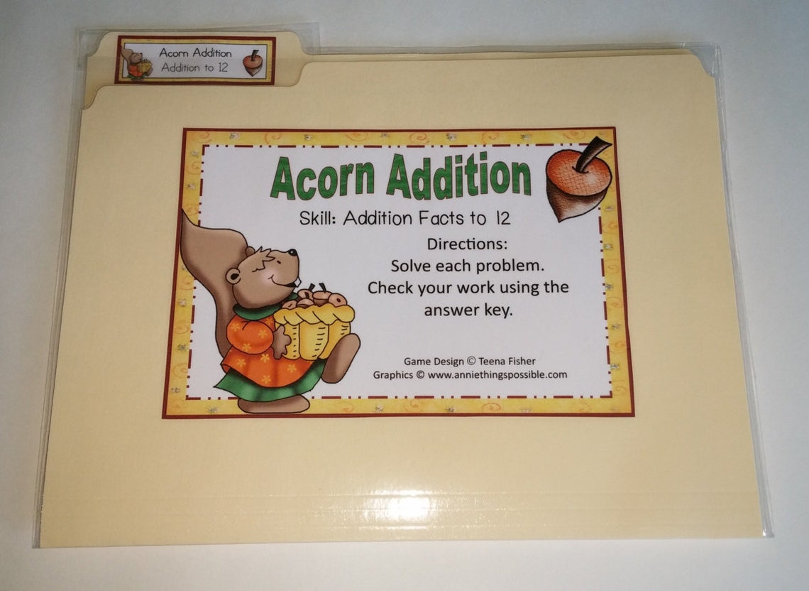 Acorn Addition Math File Folder Game Center Teacher Resource | Etsy