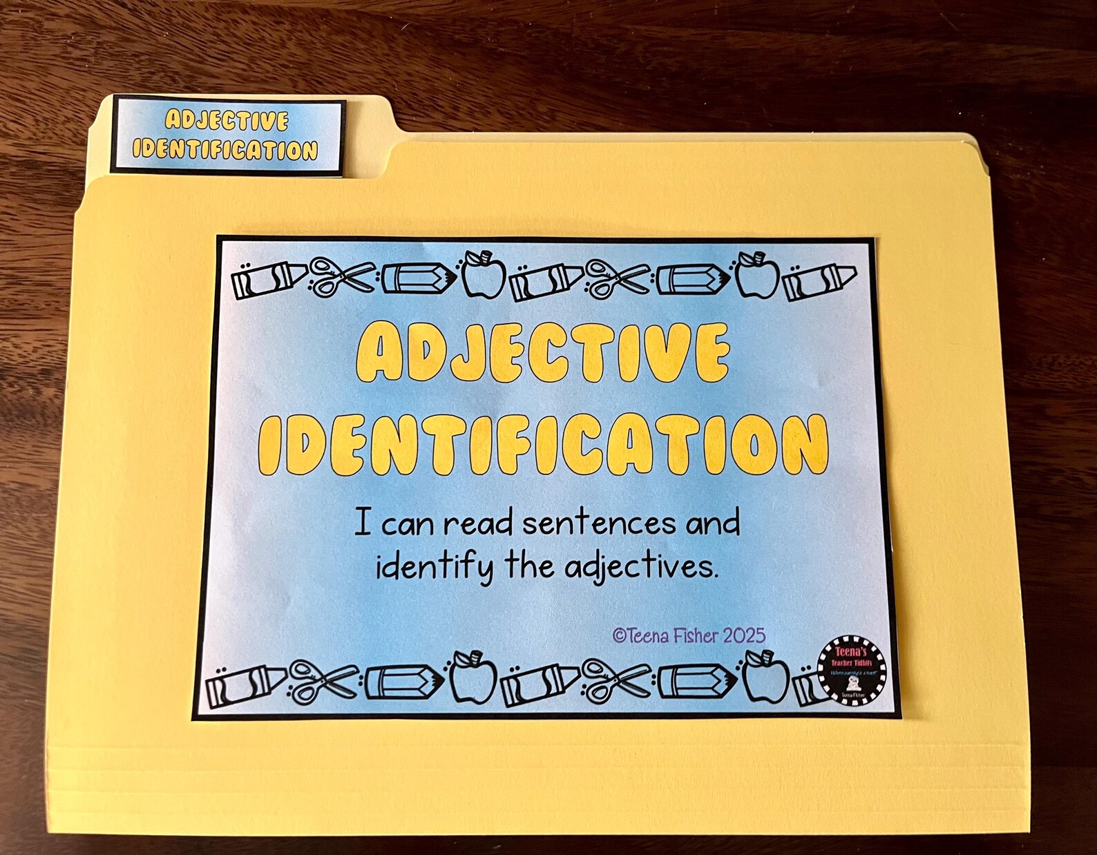 Adjective Identification File Folder Game Literacy Center Grammar First ...