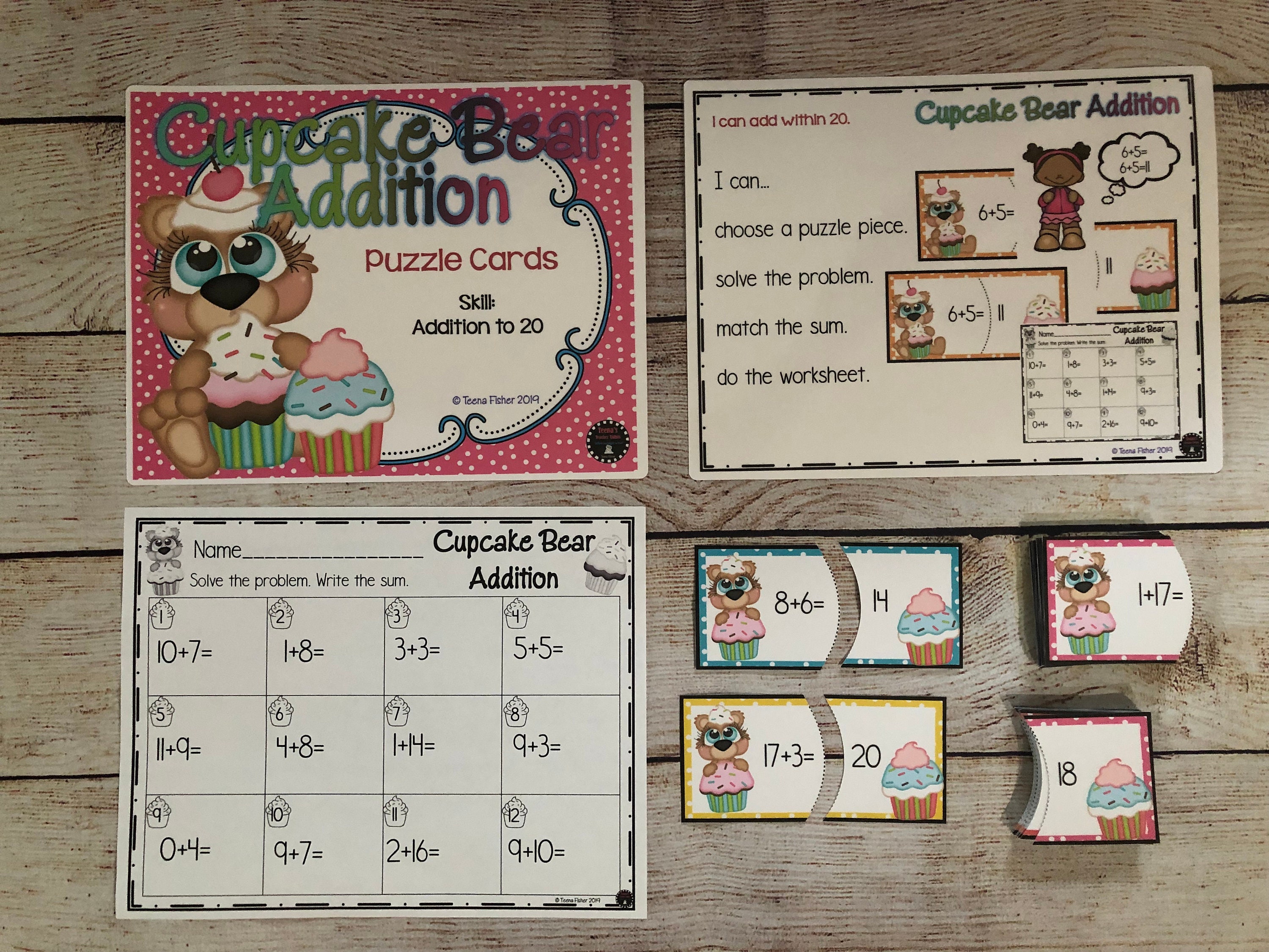 Cupcake Bear Addition to 20 Puzzle Cards Math File Folder Games Centers ...