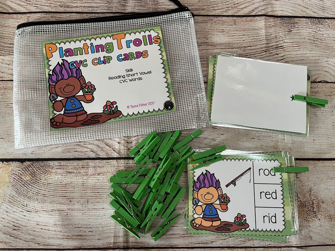 Planting Trolls CVC Words Clip Cards Phonics Short Vowel Kindergarten ...