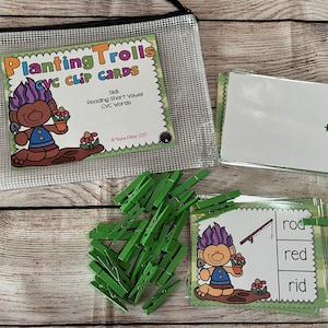 Planting Trolls CVC Words Clip Cards Phonics Short Vowel Kindergarten ...