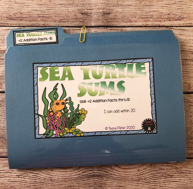 Sea Turtle Sums Addition +2 Facts 1-15 Math File Folder Game Center ...
