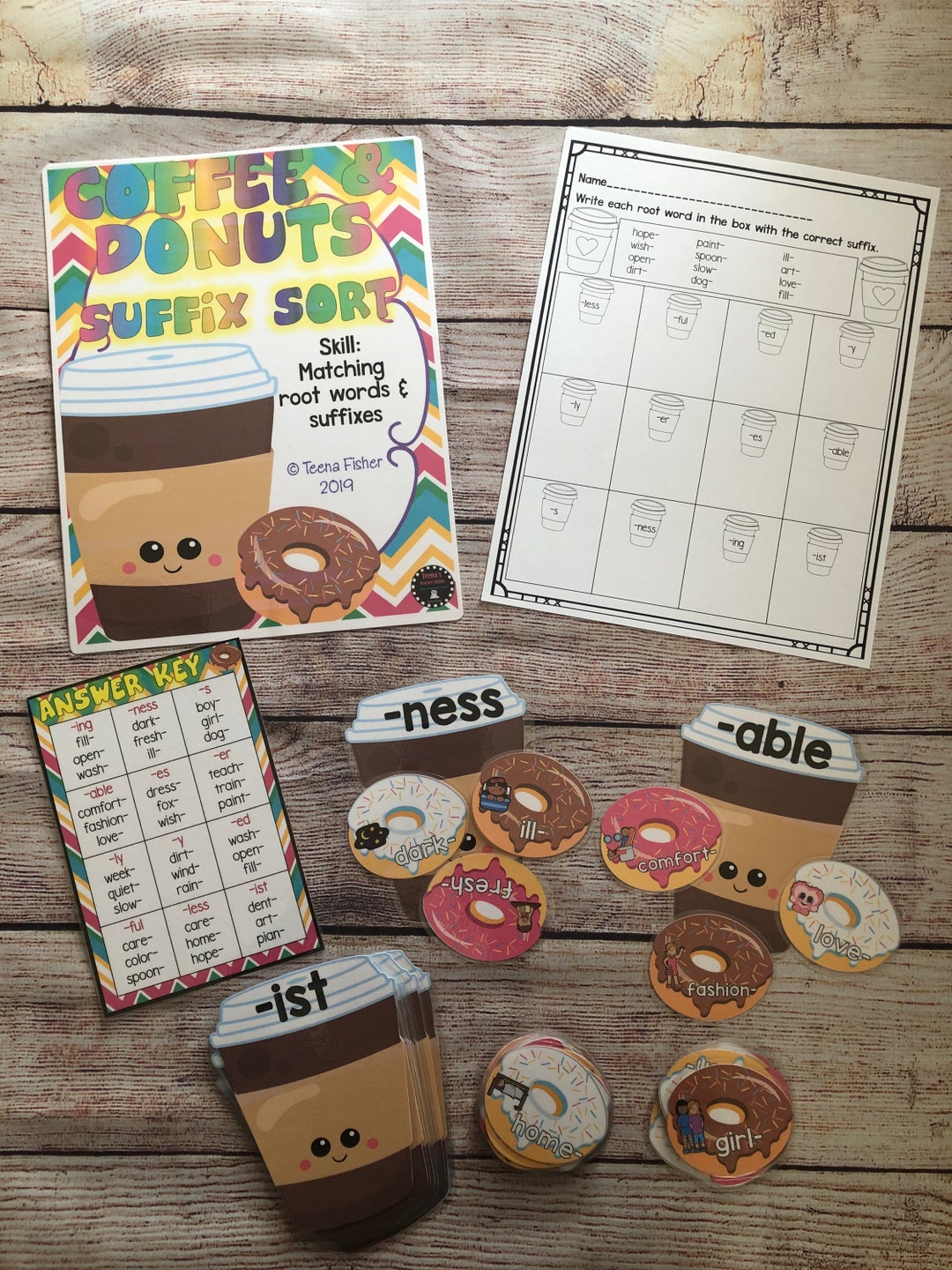Coffee & Donuts Suffix Sort Literacy Center 1st, 2nd Grade Teacher ...
