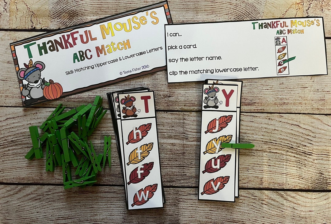 Thankful Mouse Alphabet Matching Clip Cards Preschool Kindergarten ...
