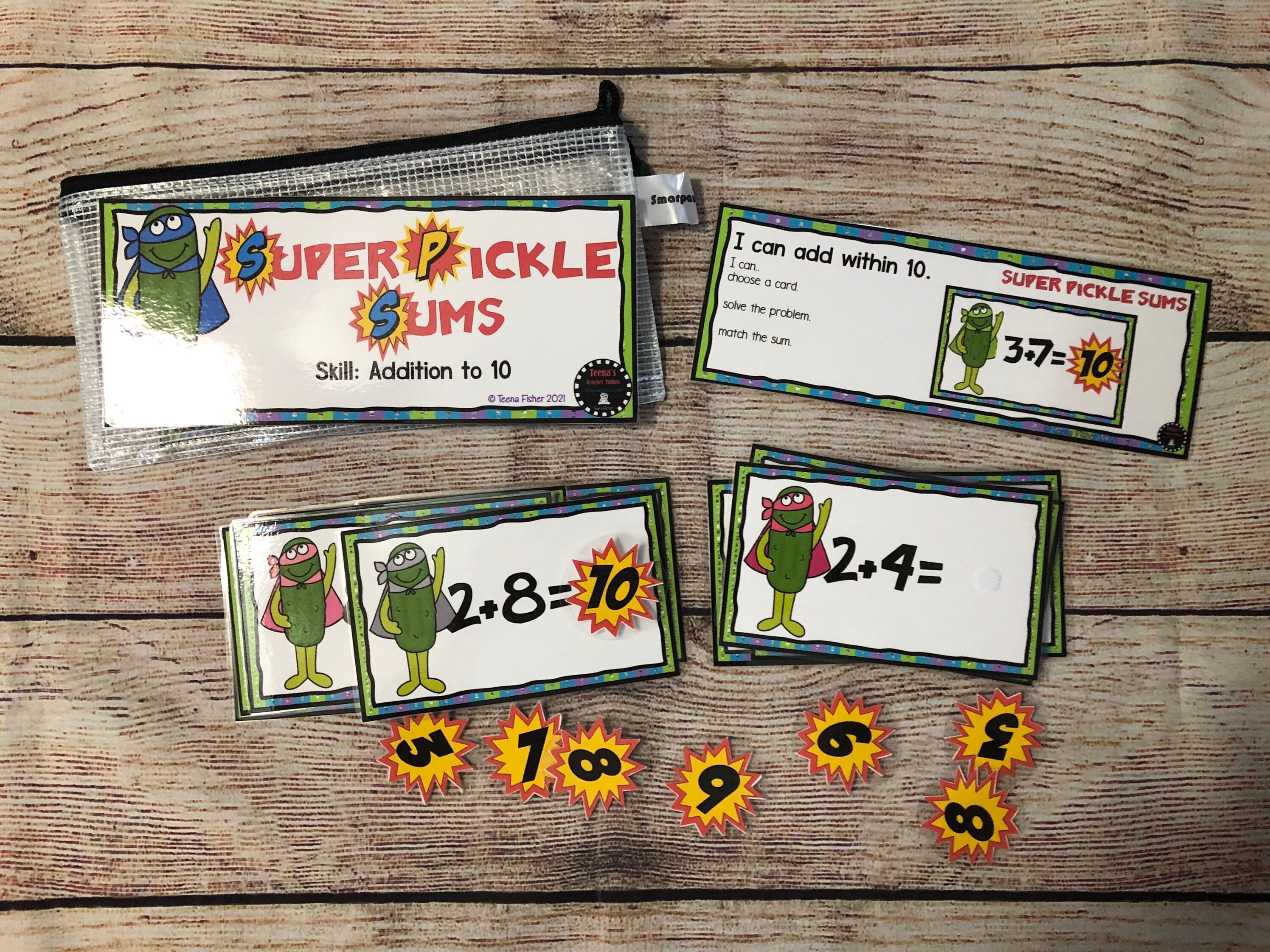 Super Pickle Sums Addition to 10 Math File Folder Game Center Teacher ...