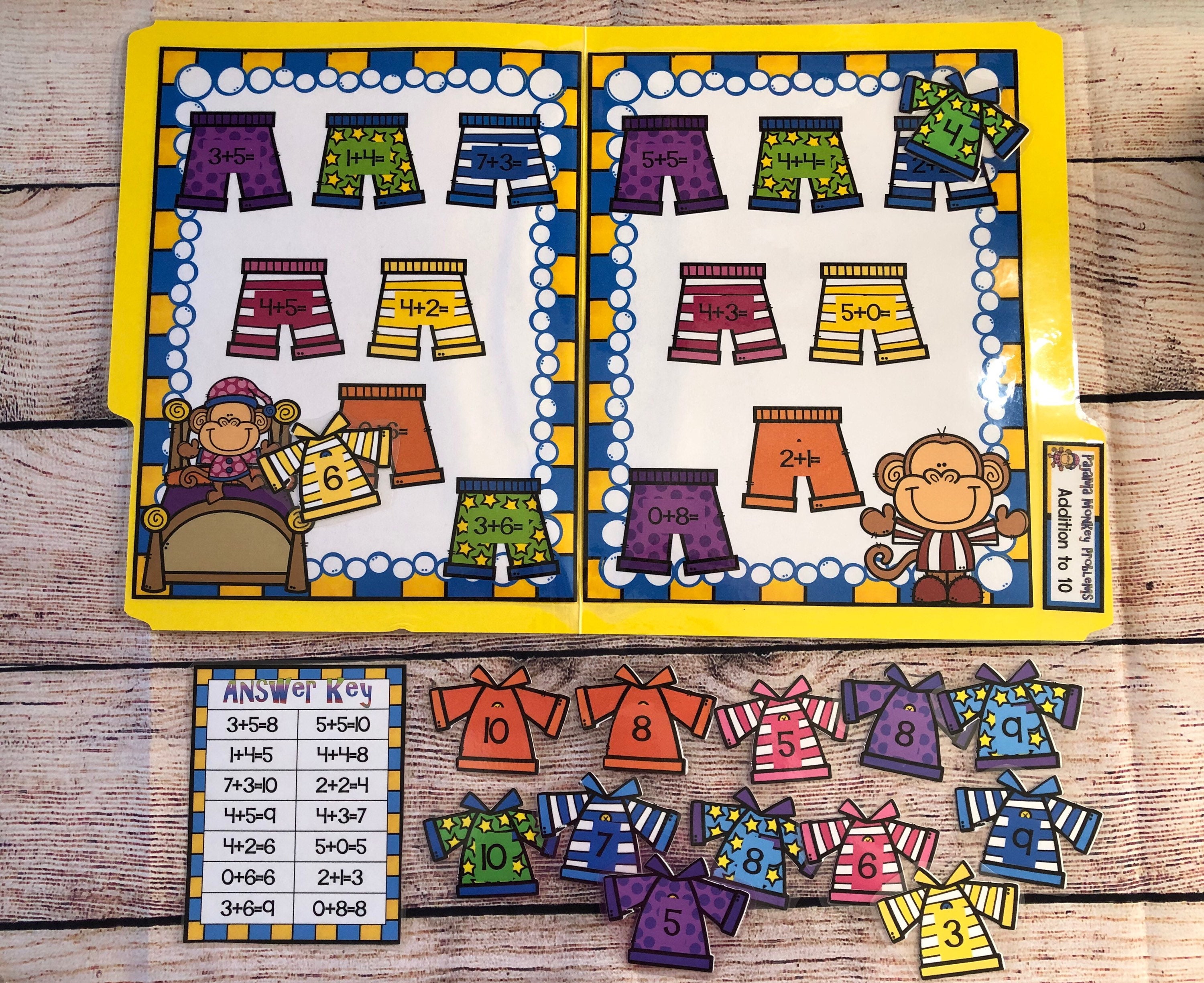 Pajama Monkey Addition to 10 Math File Folder Game Center Teacher ...