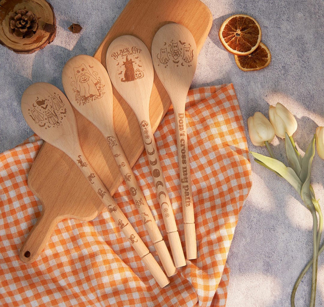 Black Cat Wood Utensil Set, Cat Mom Engraved Utensils for Cooking ...