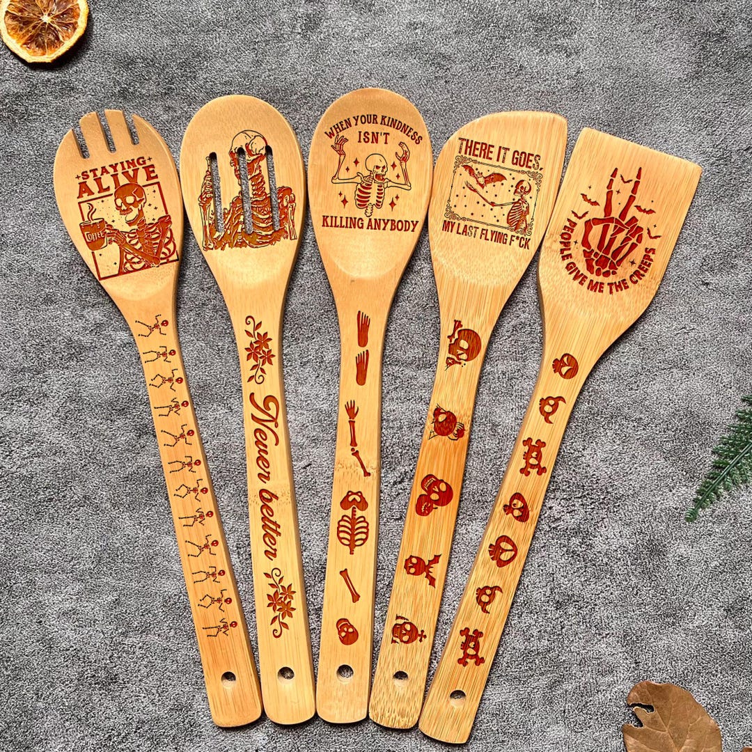 Skeleton Wooden Spoon, Halloween Decoration Wooden Bamboo Spoons Set ...