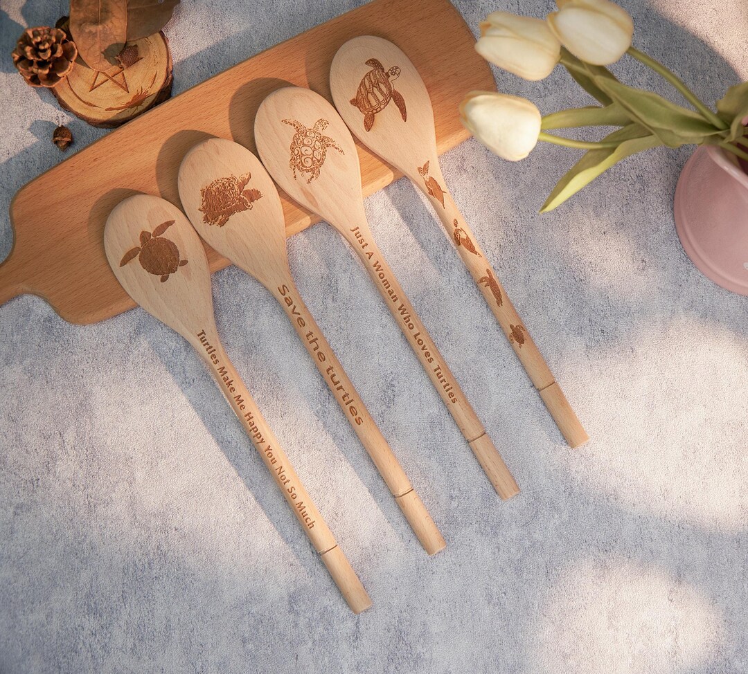 Turtles Wood Utensil Set, Turtles Gifts Engraved Utensils for Cooking ...