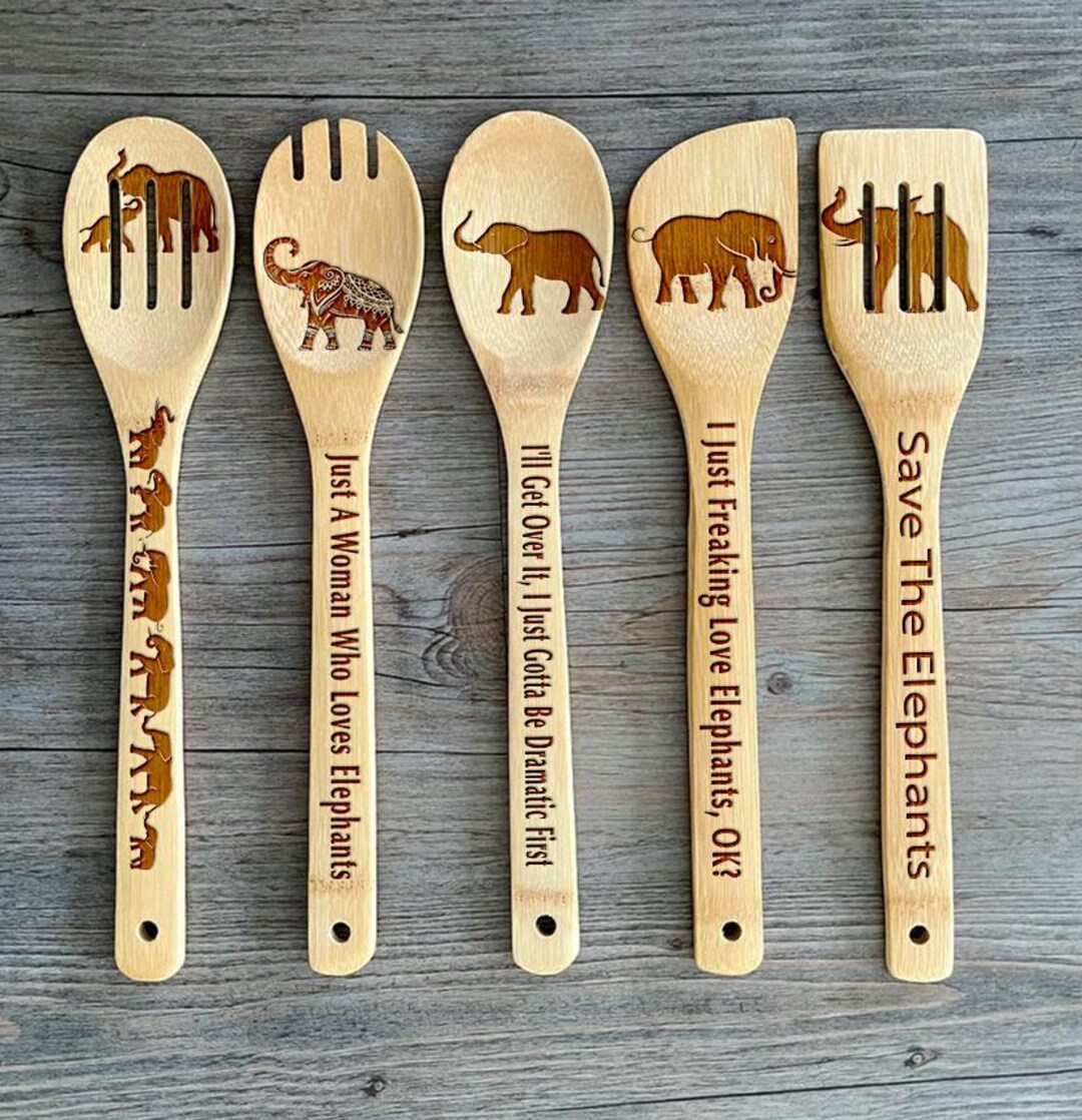 Elephants Wooden Spoon, Elephants Lovers Wooden Bamboo Spoons Set ...