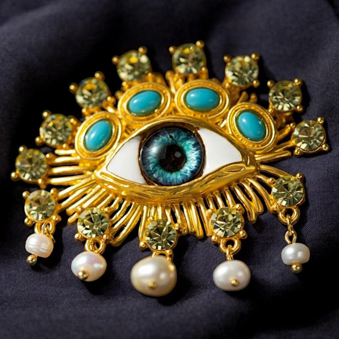 Evil Eye Brooch | Gold Statement Pin | Turquoise/amber & Pearl Brooch ...