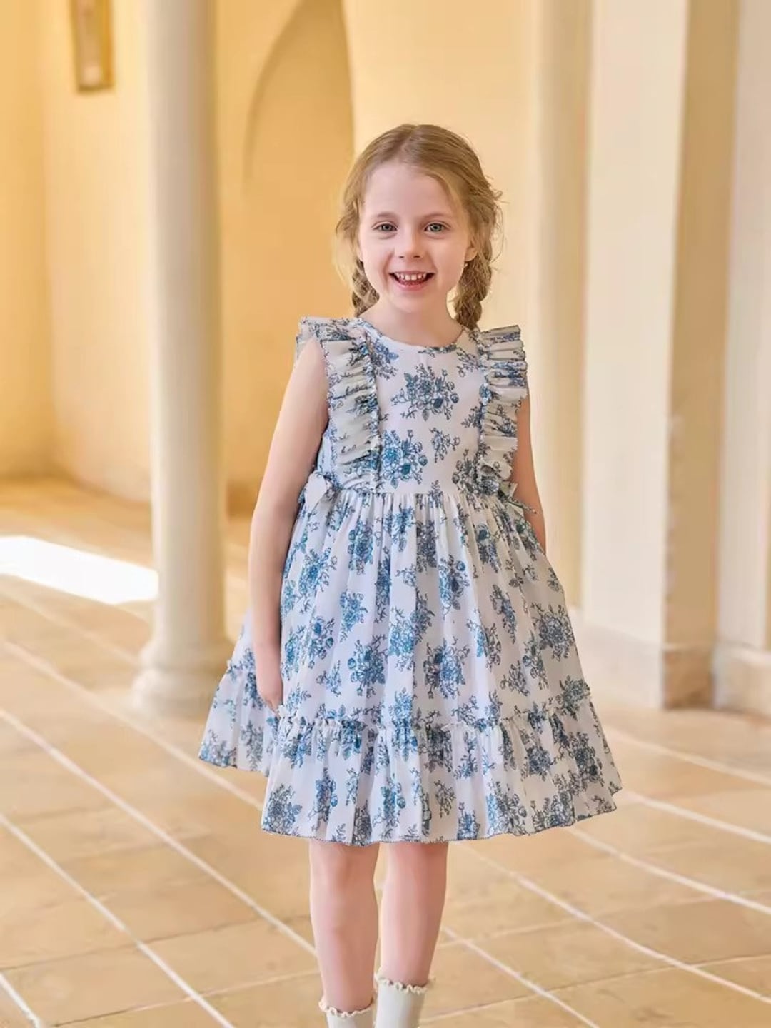 Blue Floral Girls Party Dress With Hat, Flower Girls Dress,toddler ...