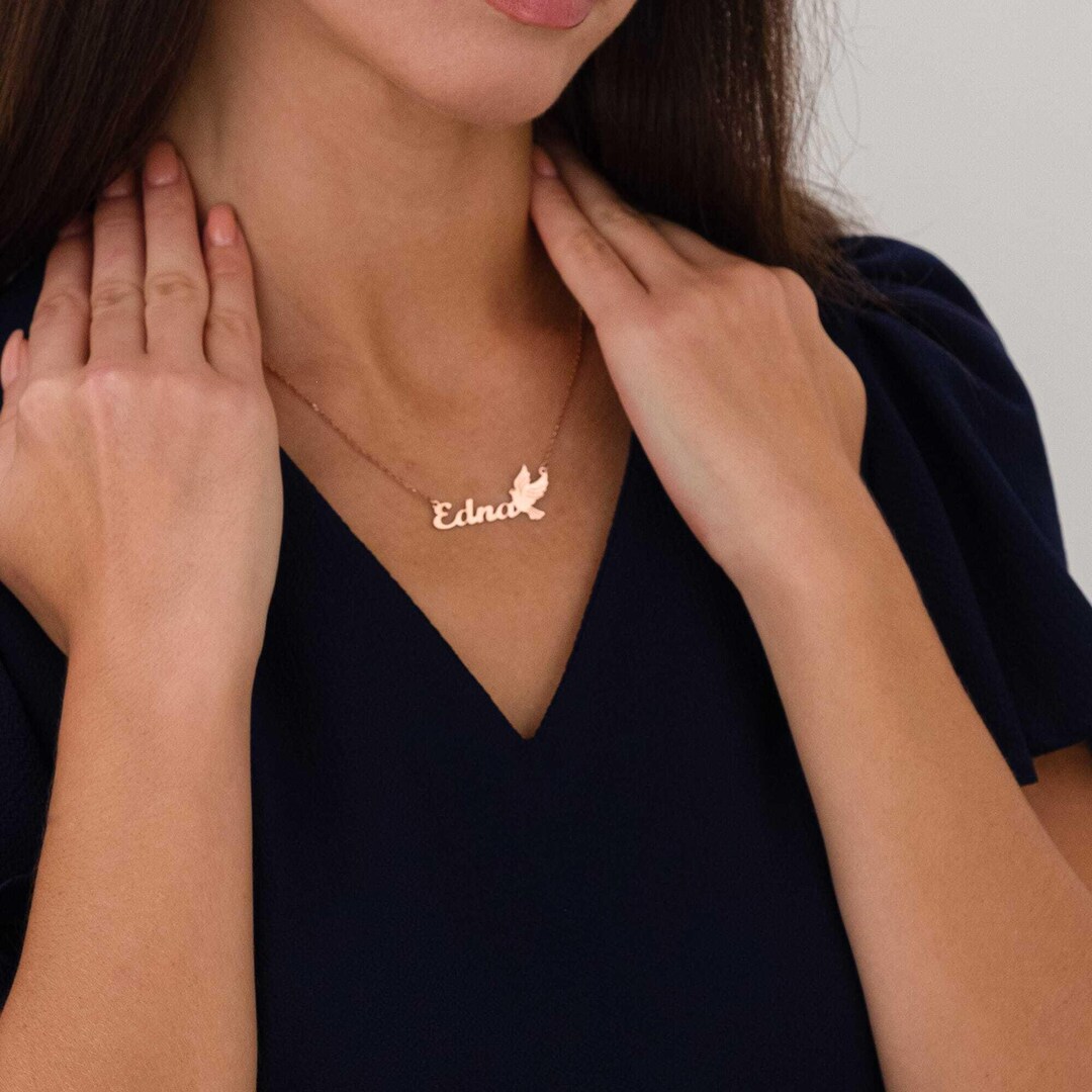 14K Gold Personalized Dove Name Necklace, Handcrafted Christmas Jewelry ...