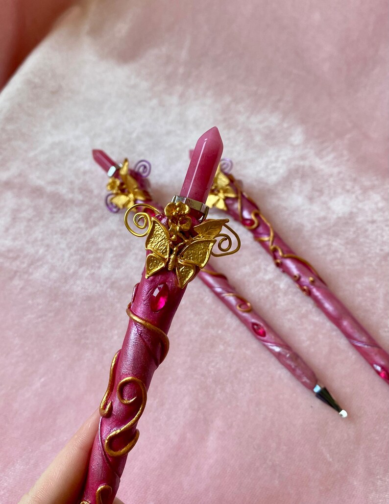 Pink Quartz Dip Pen | Gold Butterfly | Purple, Lilac, Gold Spiral Wire ...