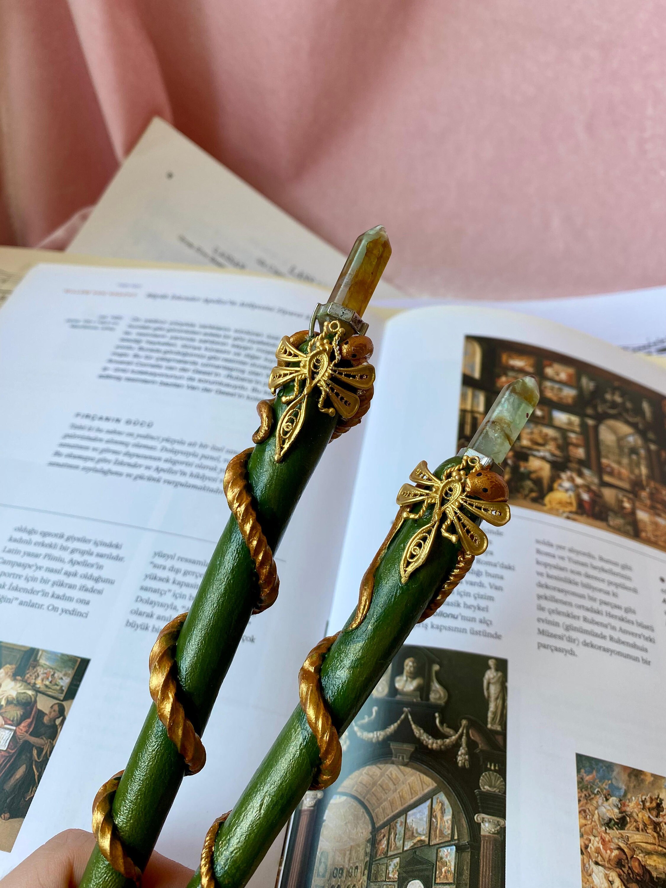 Green Agate Stone Dip Pen With Golden Dragonfly and Snake Gift Dip Pen ...