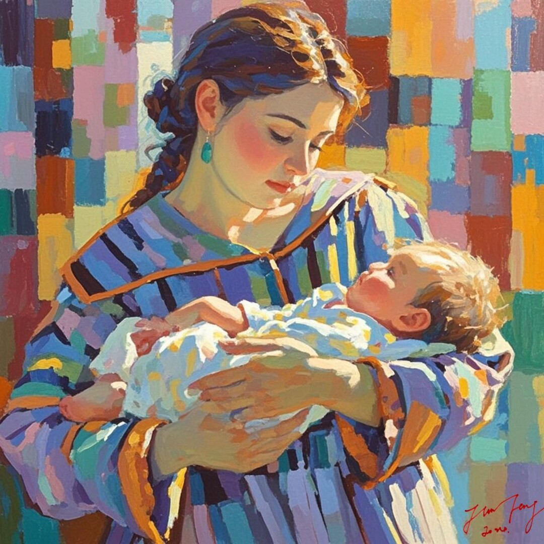 Custom Portrait of a Young Mum and New Baby, Hand Painted Oil Painting ...
