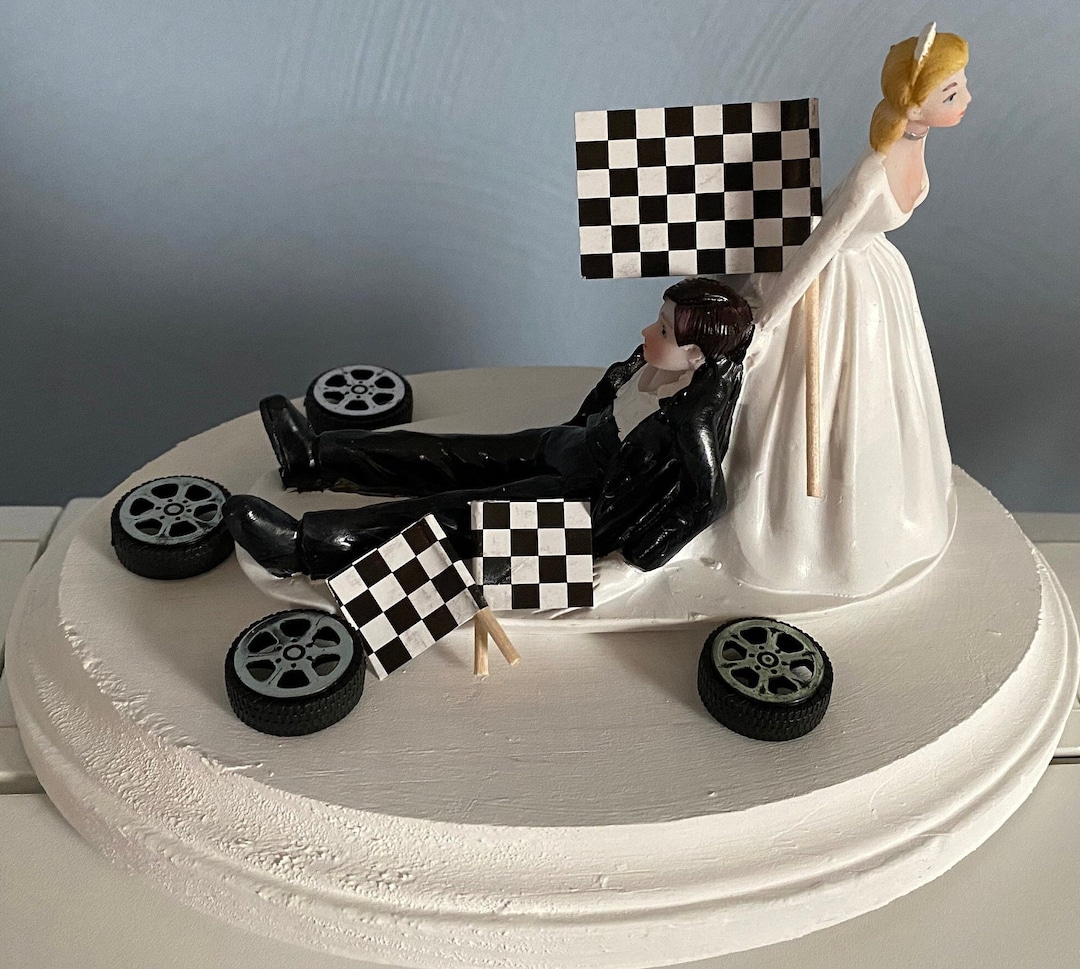 Race Car Drag Racing Flag Cake Topper Reception Wedding Day Bride Groom ...