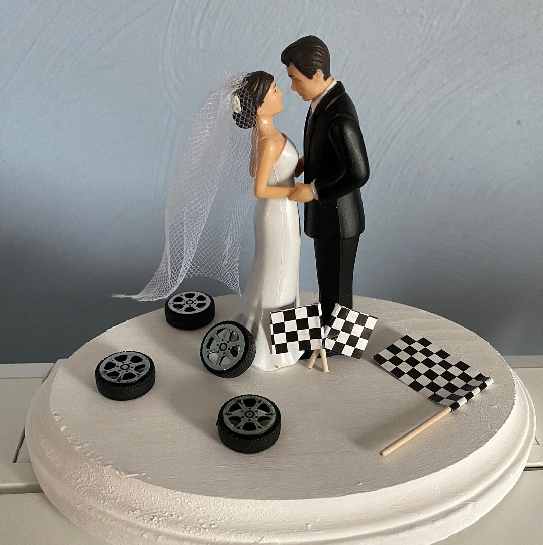 Race Car Drag Racing Flag Cake Topper Reception Wedding Day Bride Groom ...