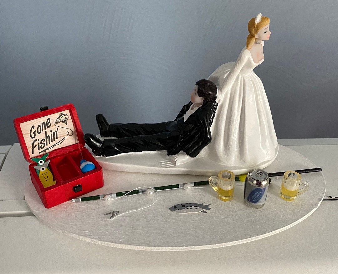 Gone Fishing Theme Cake Topper Funny Bridal Wedding Day Reception Bride ...