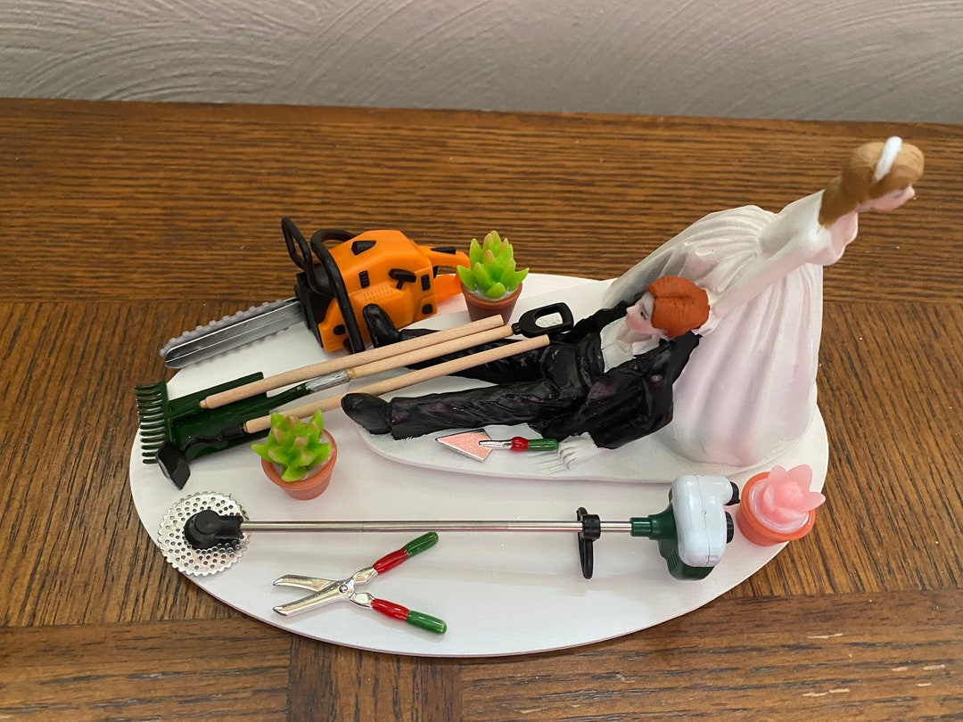Cake Topper Wedding Day Reception Bride Groom Funny Grass Cutter ...