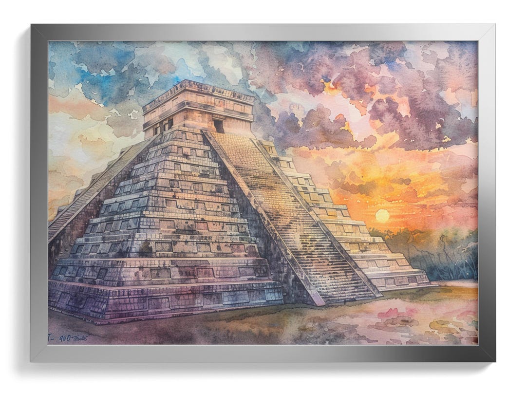 Chichen Itza Pyramid at Sunset - Stunning Watercolor Art Print, Ancient ...