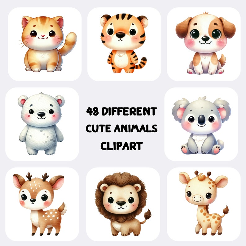 Watercolor Cute Animals, 48 Animal PNG Clipart, Animals Clipart ...