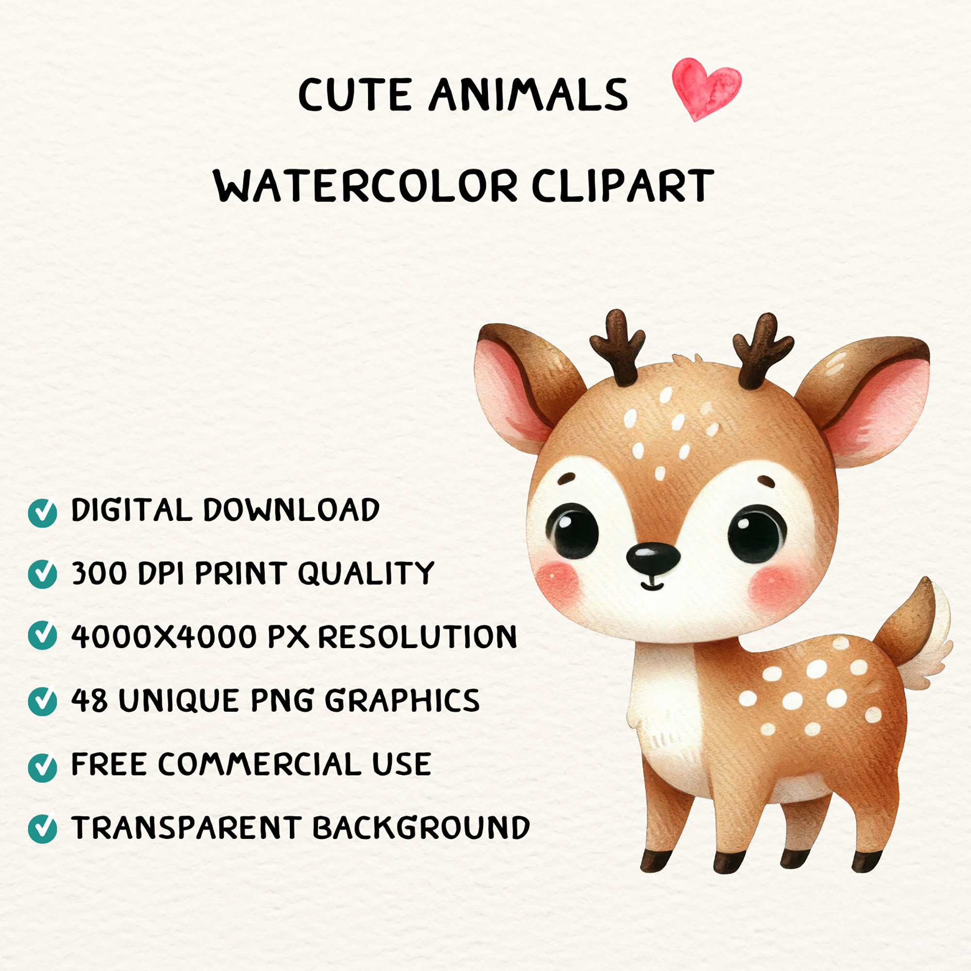 Watercolor Cute Animals, 48 Animal PNG Clipart, Animals Clipart ...