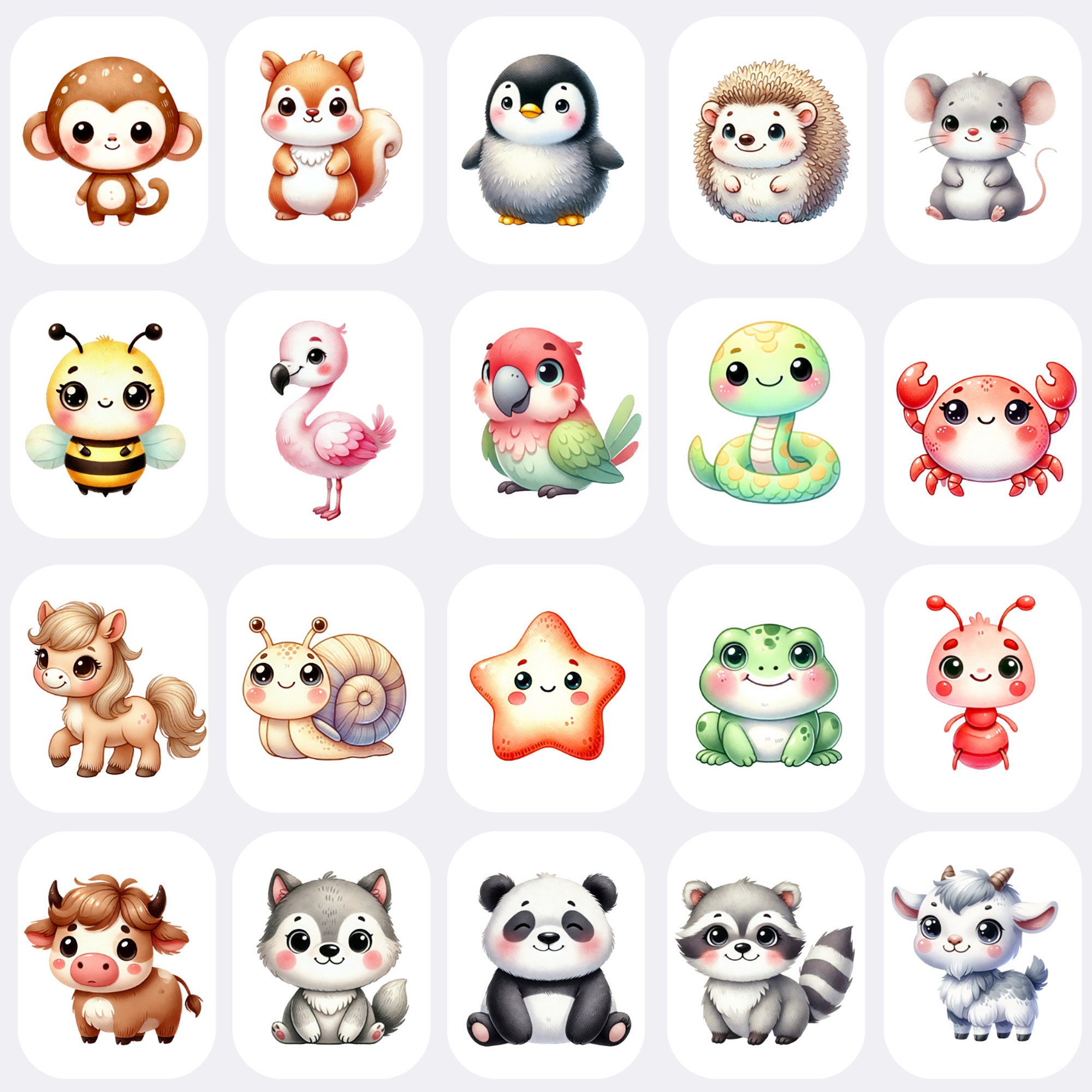 Watercolor Cute Animals, 48 Animal PNG Clipart, Animals Clipart ...