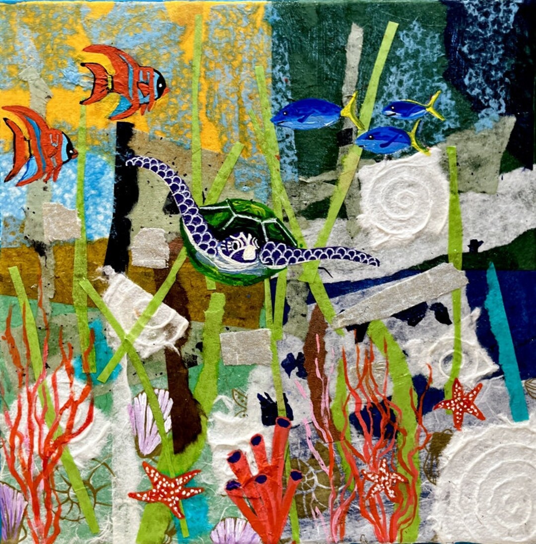 Original Mixed Media Collage Underwater Scene Painting With Acrylics ...
