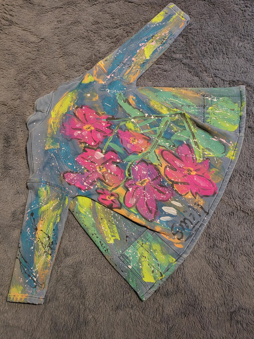 Hand Painted Floral Coat, Pink Flower Funky Painted Artsy Jacket ...