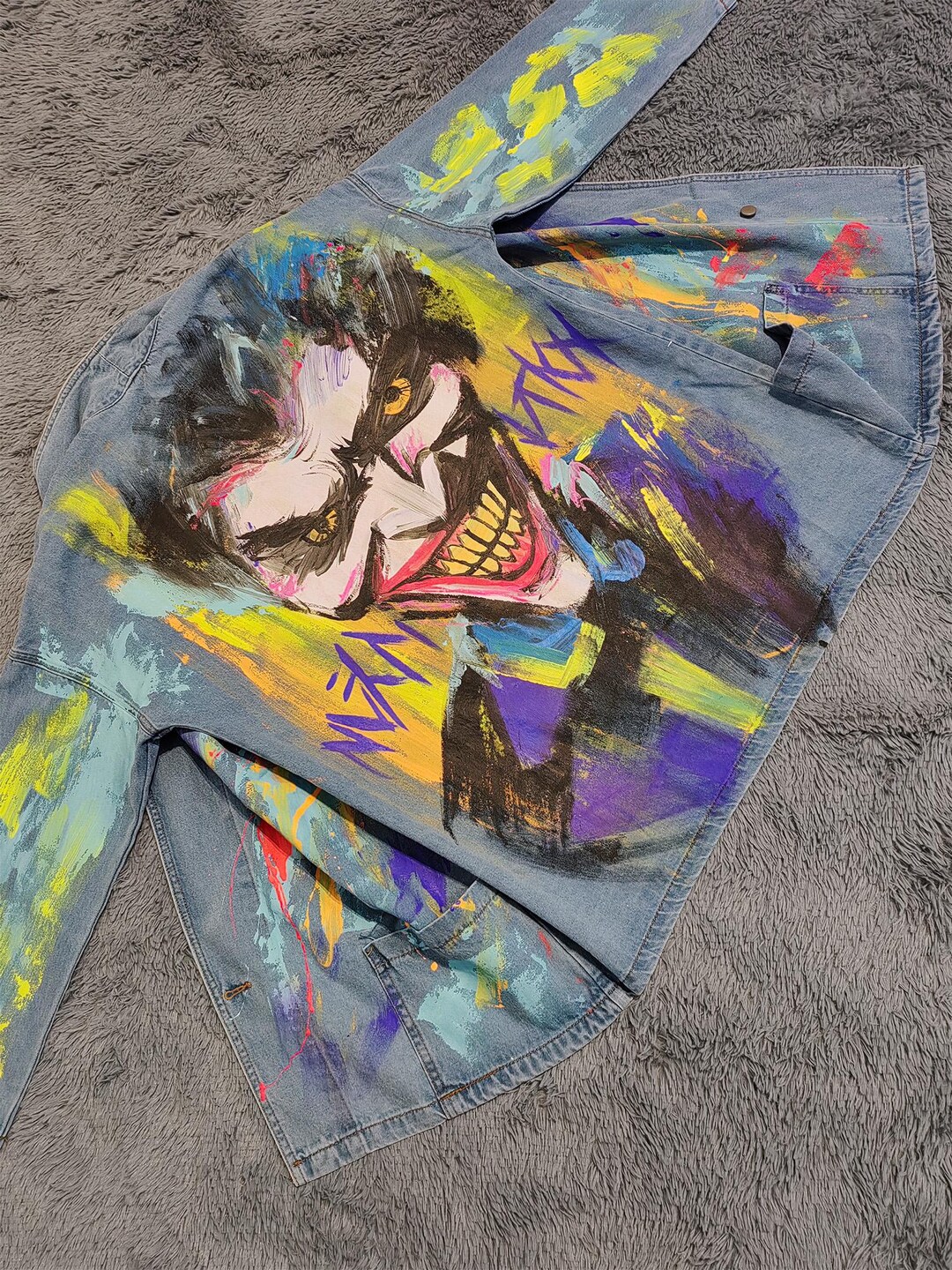Hand Painted Evil Man Coat, Rainbow Funky Painted Artsy Jacket, Hippie ...