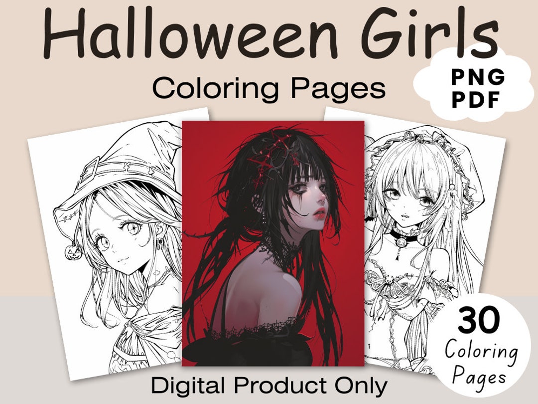Halloween Anime Girls Coloring Pages for Kids and Adults Digital ...