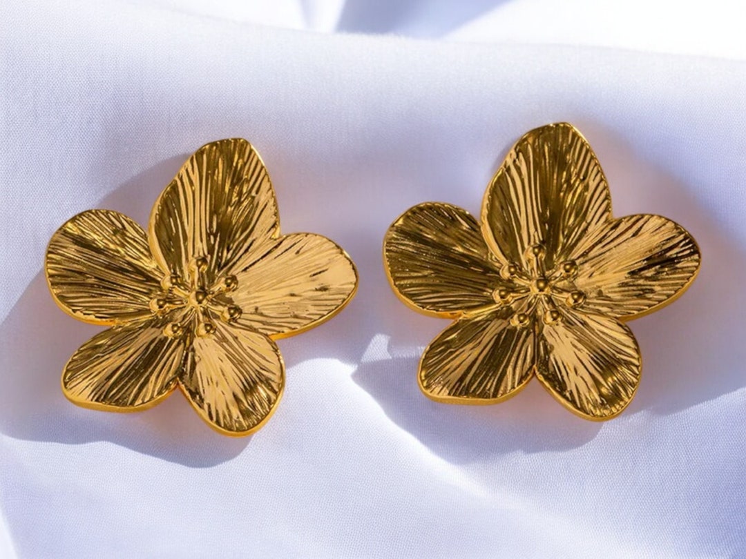 French Gold Color Flower Stud Earrings Trendy Alloy Jewelry for Women ...