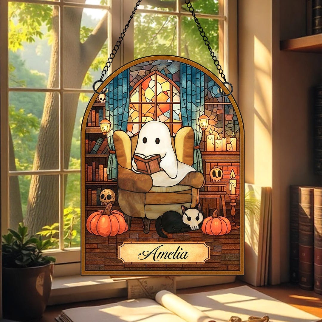 Halloween Ghost Reading Book Suncatcher, Cute Ghost and Black Cat ...