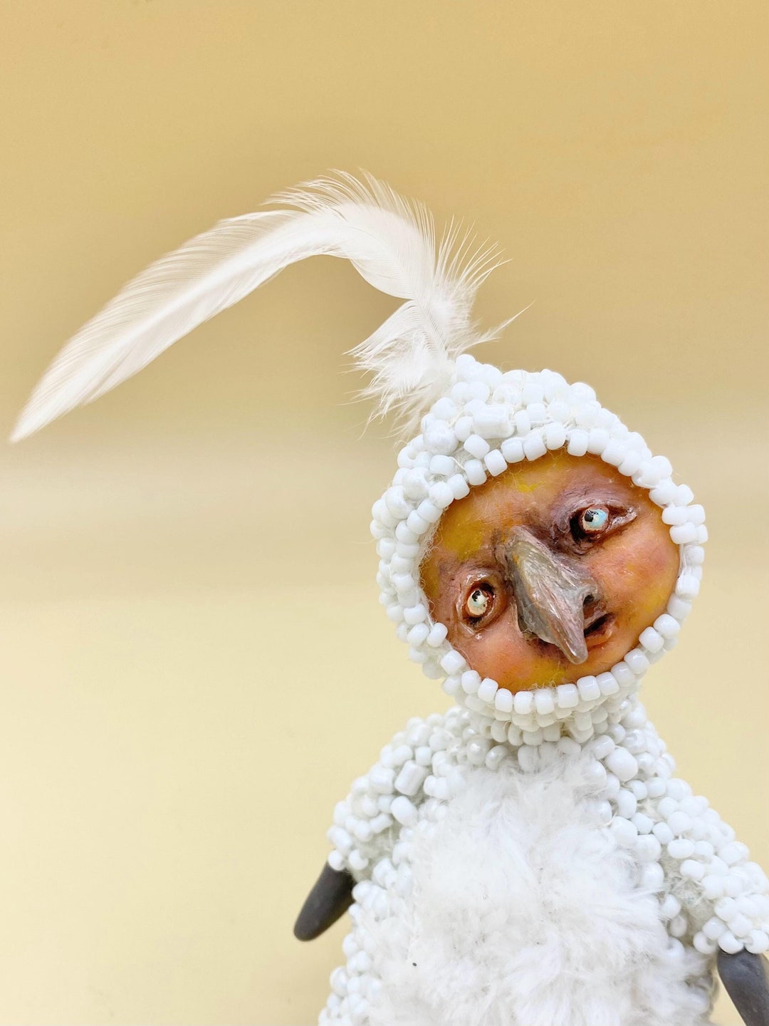 Small Curio Bird Art, White Beaded Fiber Sculpture, Creepy Cute Shelf ...