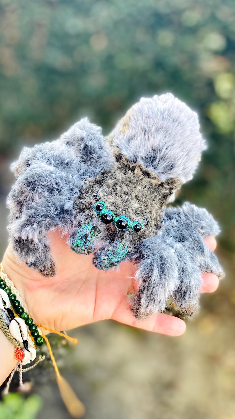 Jumping Spider Plushie, Handmade Fluffy Cute Spider Plush, Gray ...