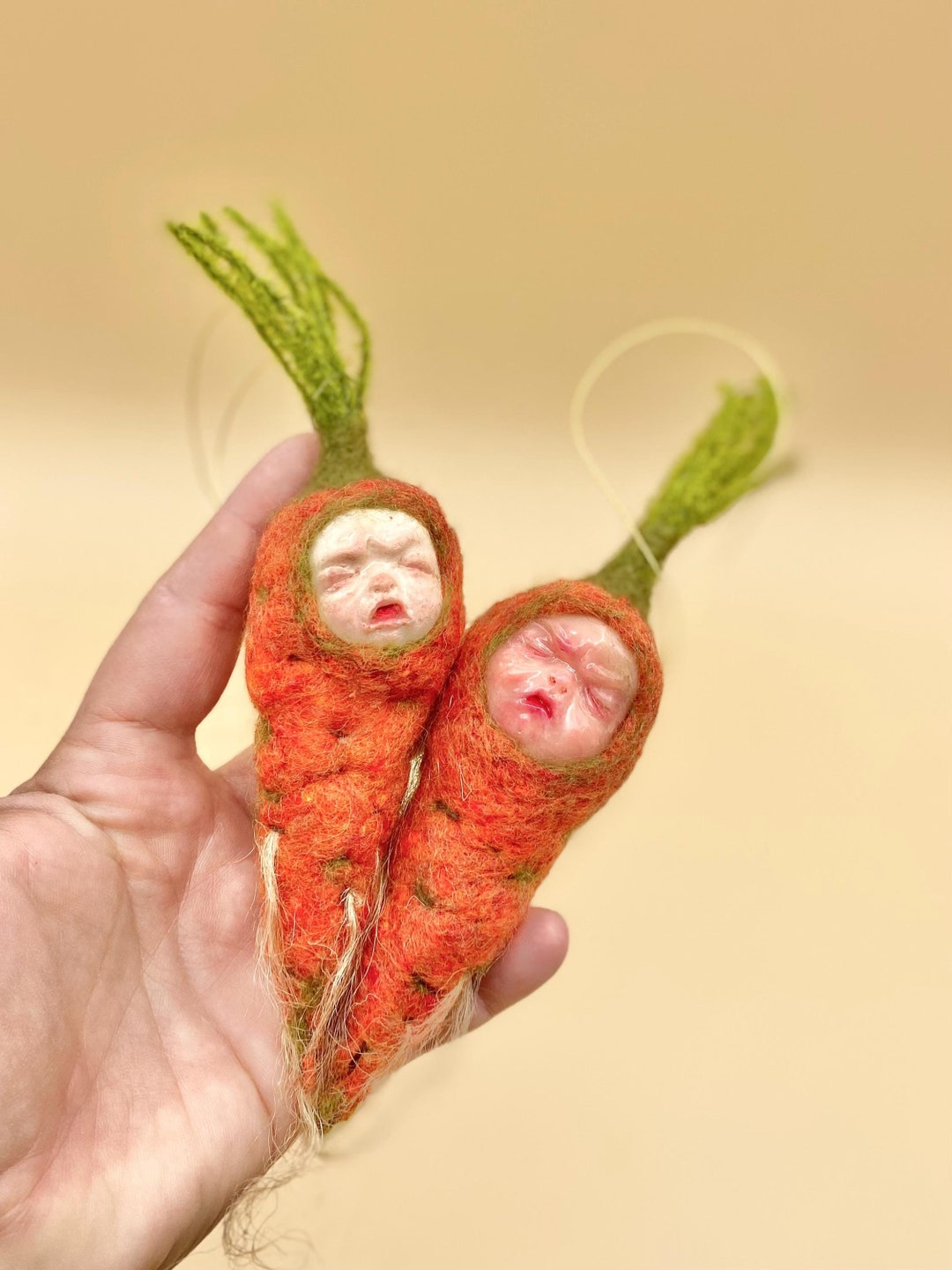 Baby Carrot Ornaments, 2 Needle Felted Carrots, Crying Baby Face ...