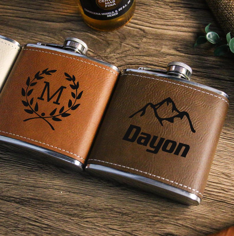 Personalized Leather Flask Cups Set , Unique Custom Best Man Gift ...