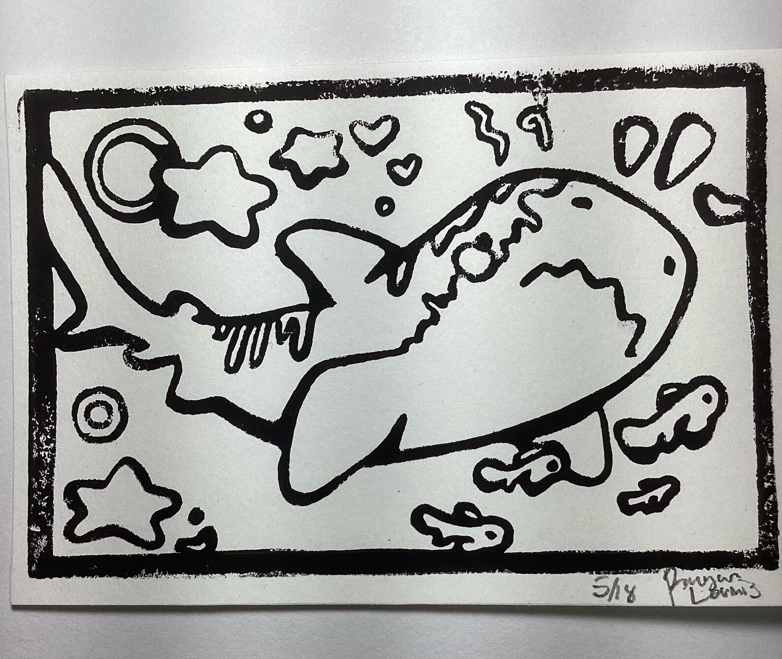 Handmade Linocut Cute Shark With Fish, Cartoony Art Made With Hand ...