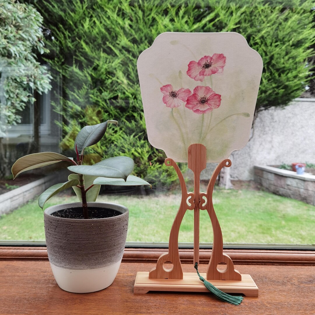 Hand-painted Chinese Fan: Poppy Flower Art, Bamboo Handle & Stand - Etsy