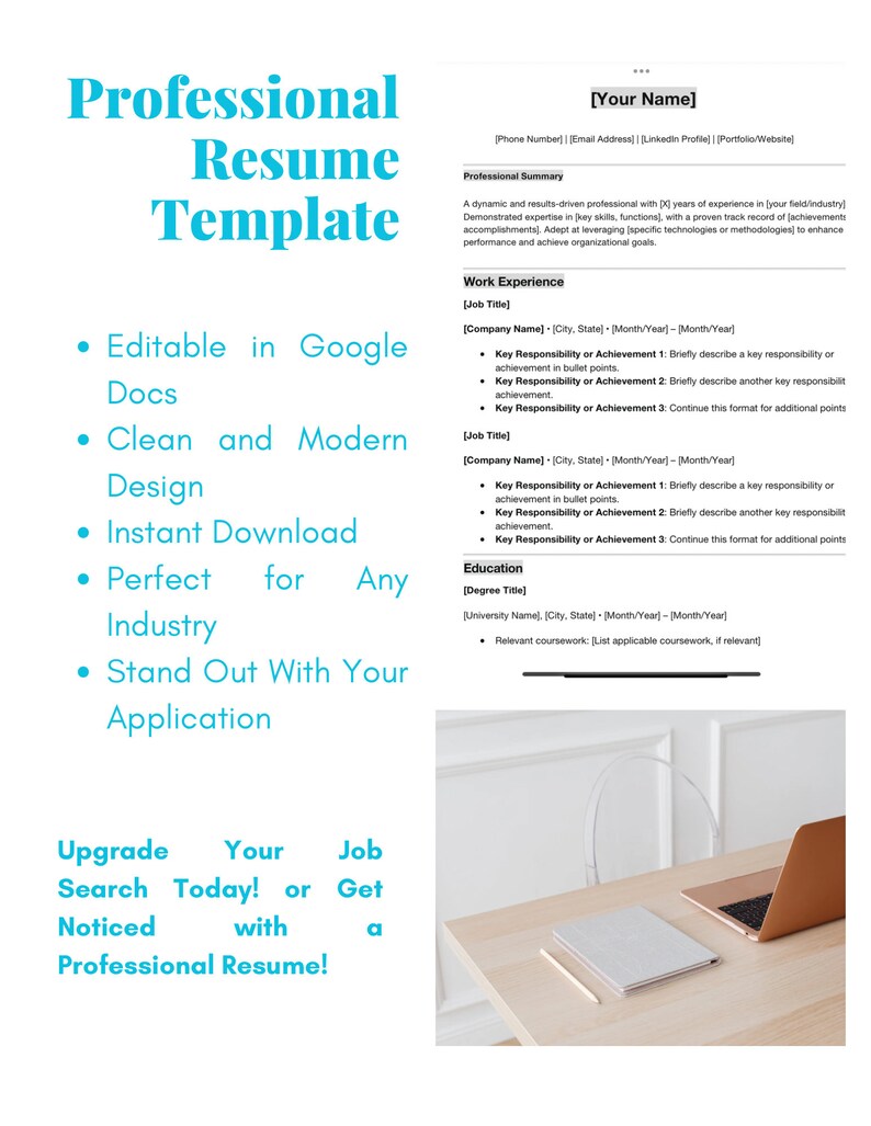 Modern Professional Resume Template for Google Docs Sleek, Customizable ...