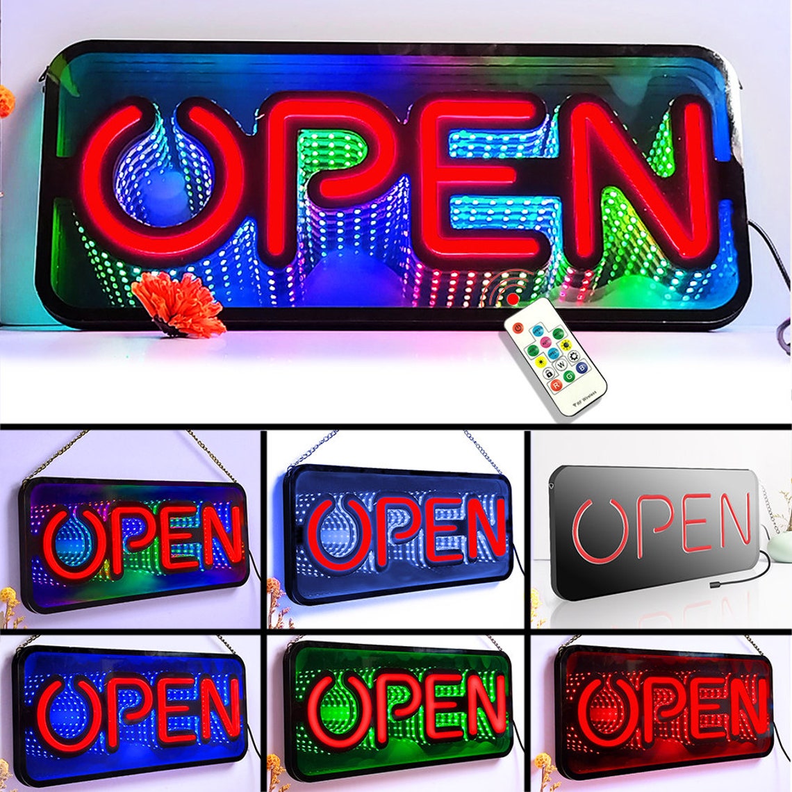 LED Infinity Mirror Open Signs, 19x8 in 3D Mirror RGB OPEN Light Sign ...