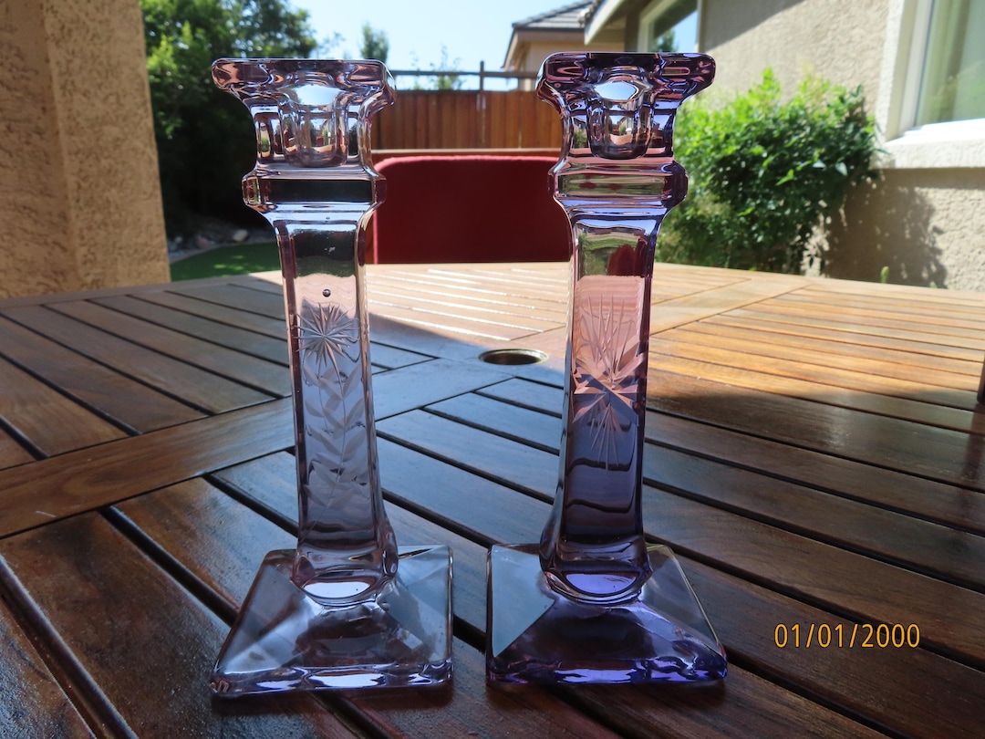 Westmoreland Purple Pair of Candlesticks With Etched Design. MCM 7 1/4 ...