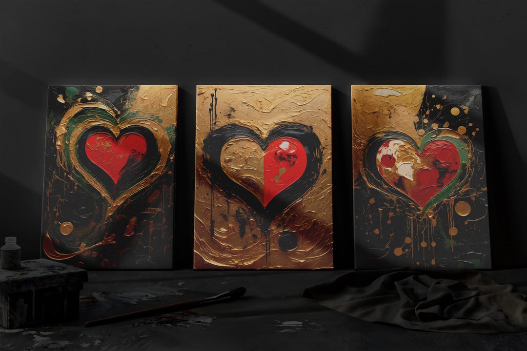 Gold and Red Heart Canvas Art Set of 3 | Modern Love Wall Decor ...