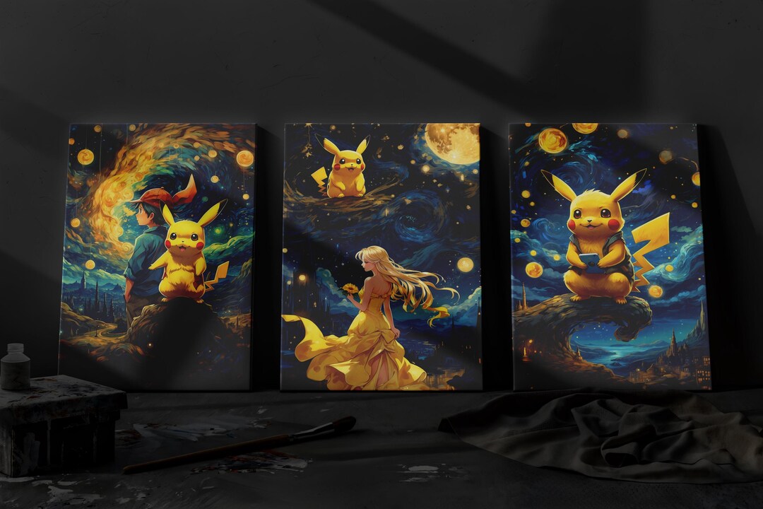 Whimsical Pikachu and Starry Night Canvas Art Set of 3 | Vibrant ...